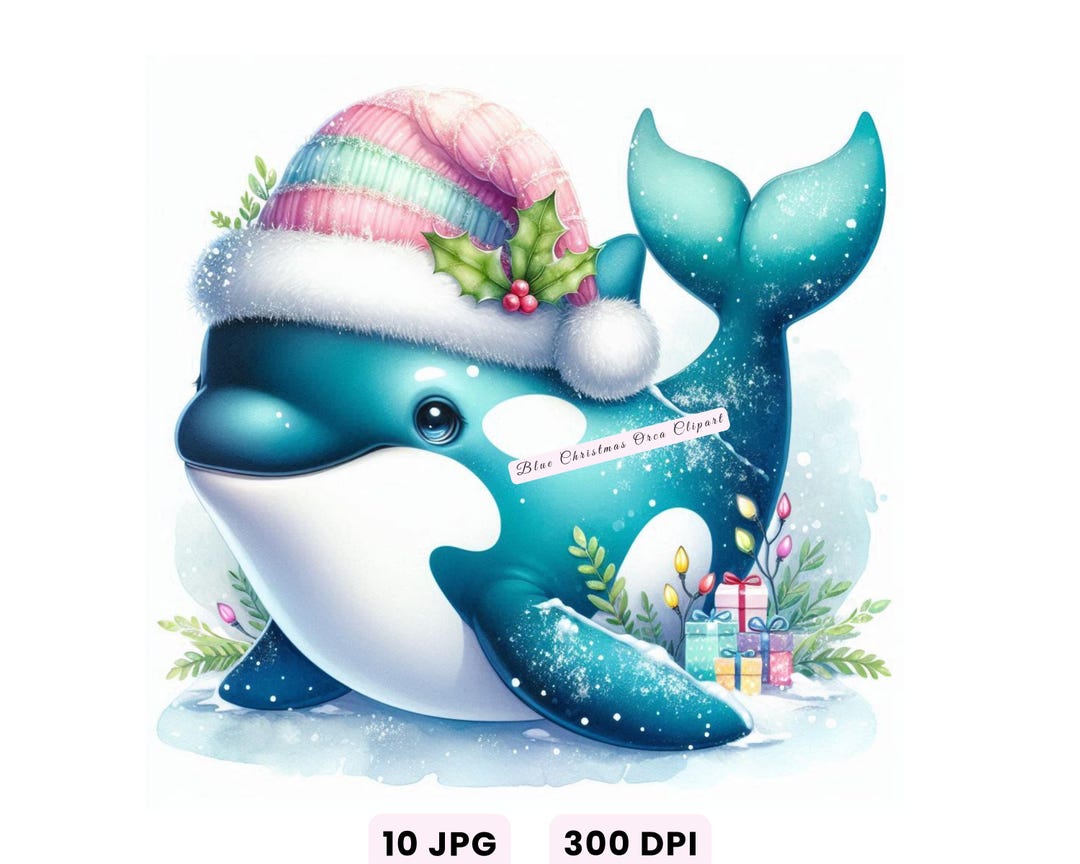 Sea Animal Christmas Clipart, Orca Christmas Clipart, Blue Winter ...