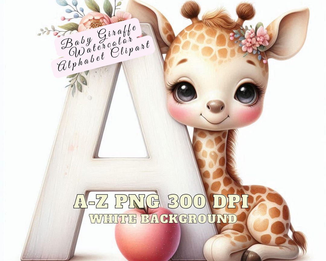 Animal Giraffe Alphabet Clipart, Baby Giraffe Watercolor Alphabet ...