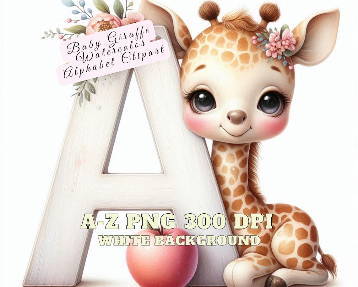 Animal Giraffe Alphabet Clipart, Baby Giraffe Watercolor Alphabet ...