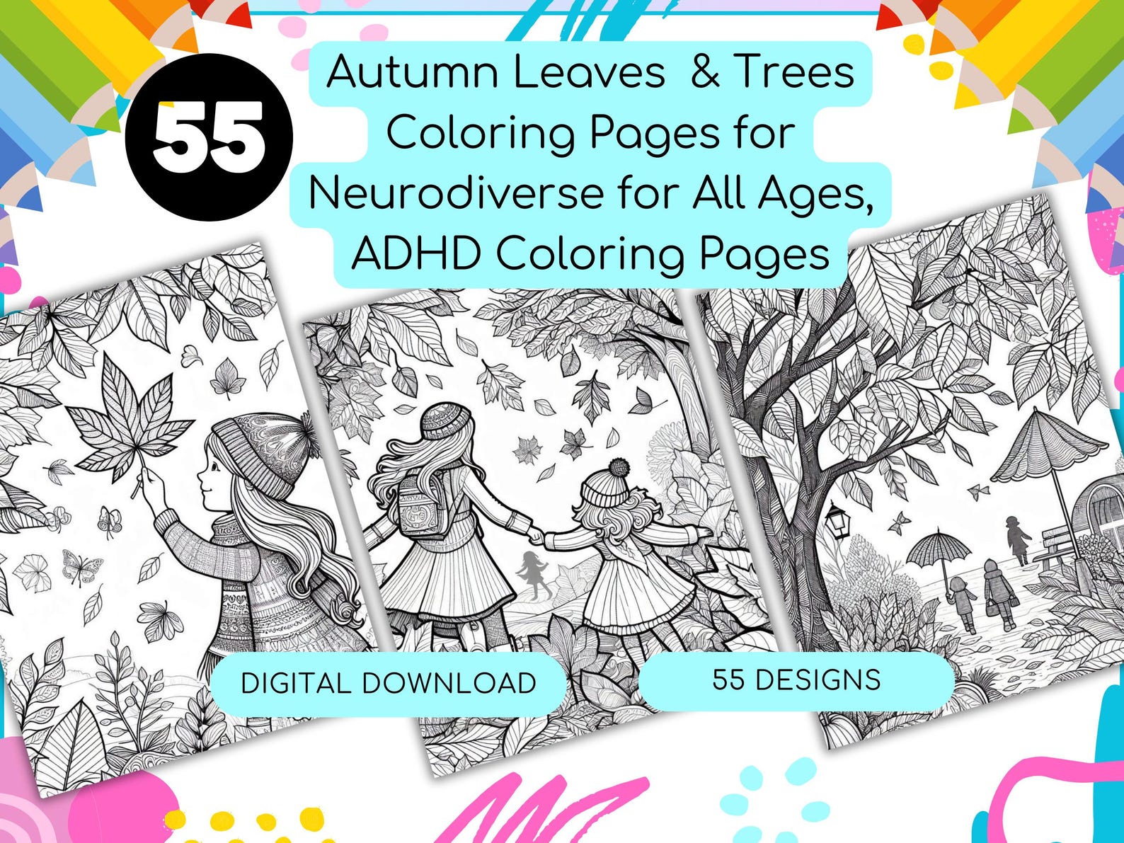 50 Autumn Leaves & Trees Coloring Pages for Neurodiverse for All Ages ...