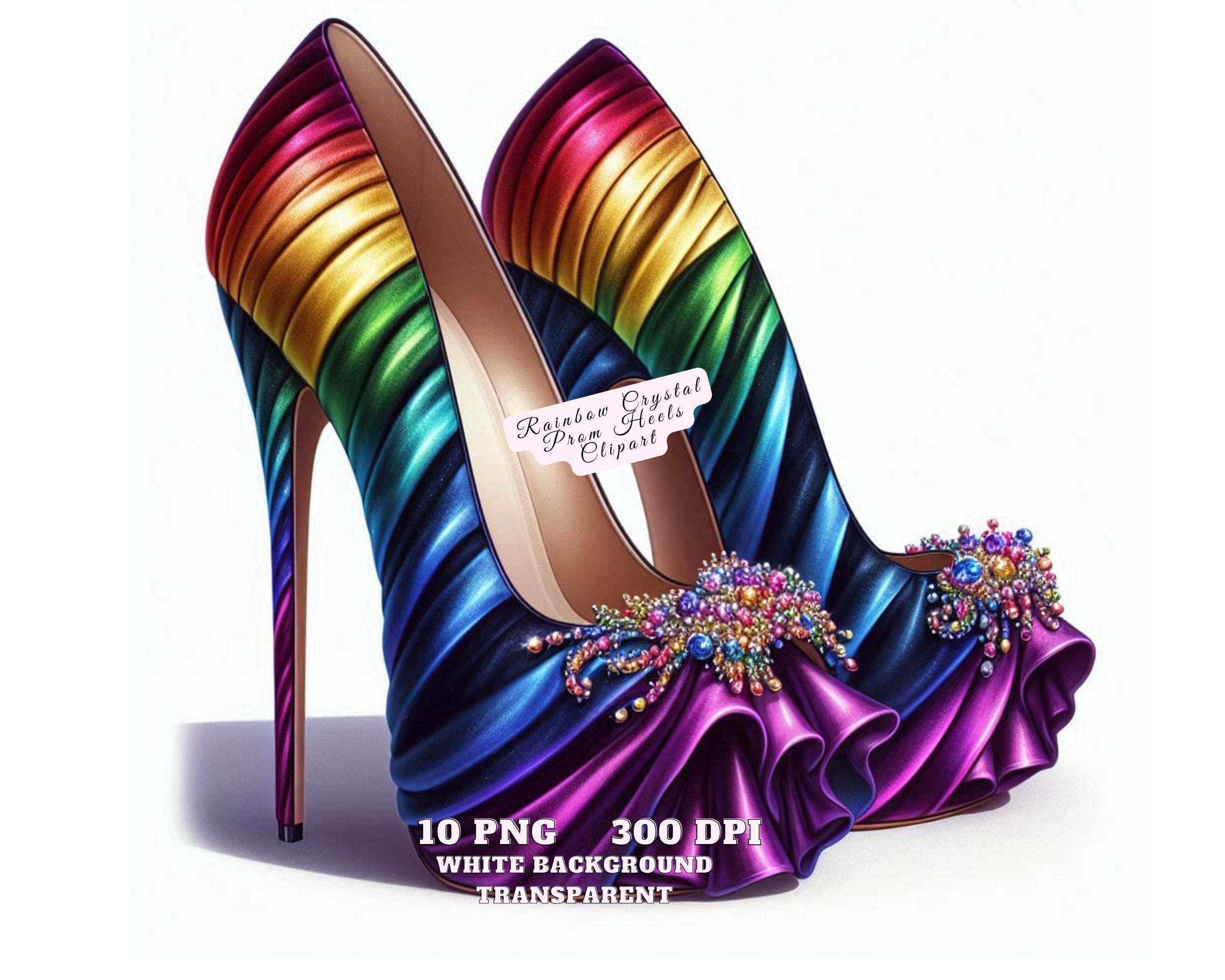 Rainbow Crystal Prom Heels Clipart, Sparkly High Heel PNG, Fashion Shoe ...