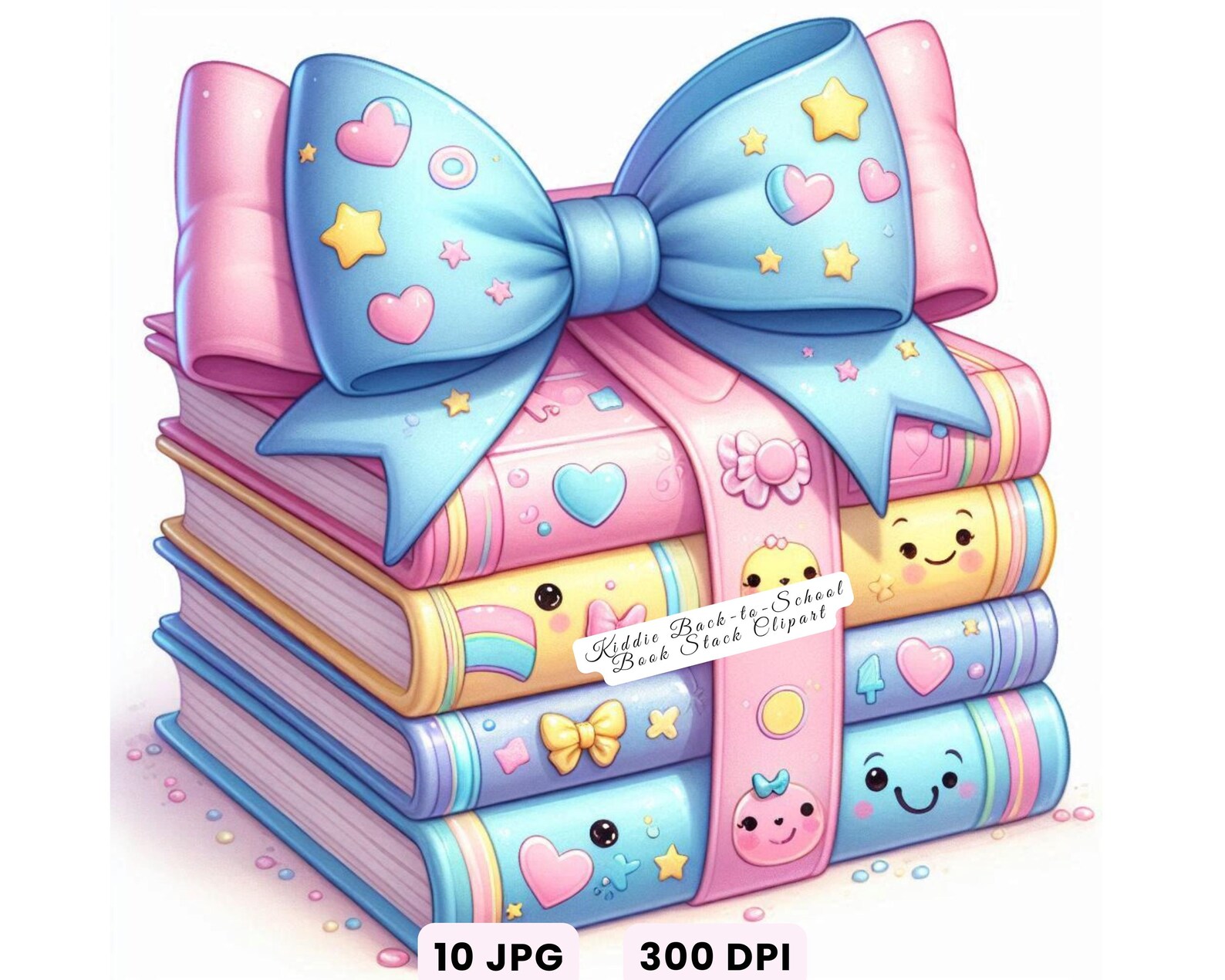 10 Book Clipart JPG, Kiddie Back-to-school Book Stack With Bow, Cute ...
