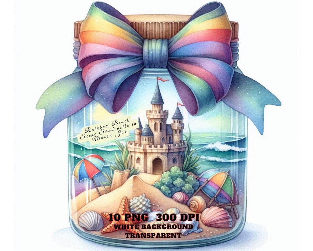 Rainbow Beach Scene Sandcastle in Mason Jar Clipart With Elegant Bow ...