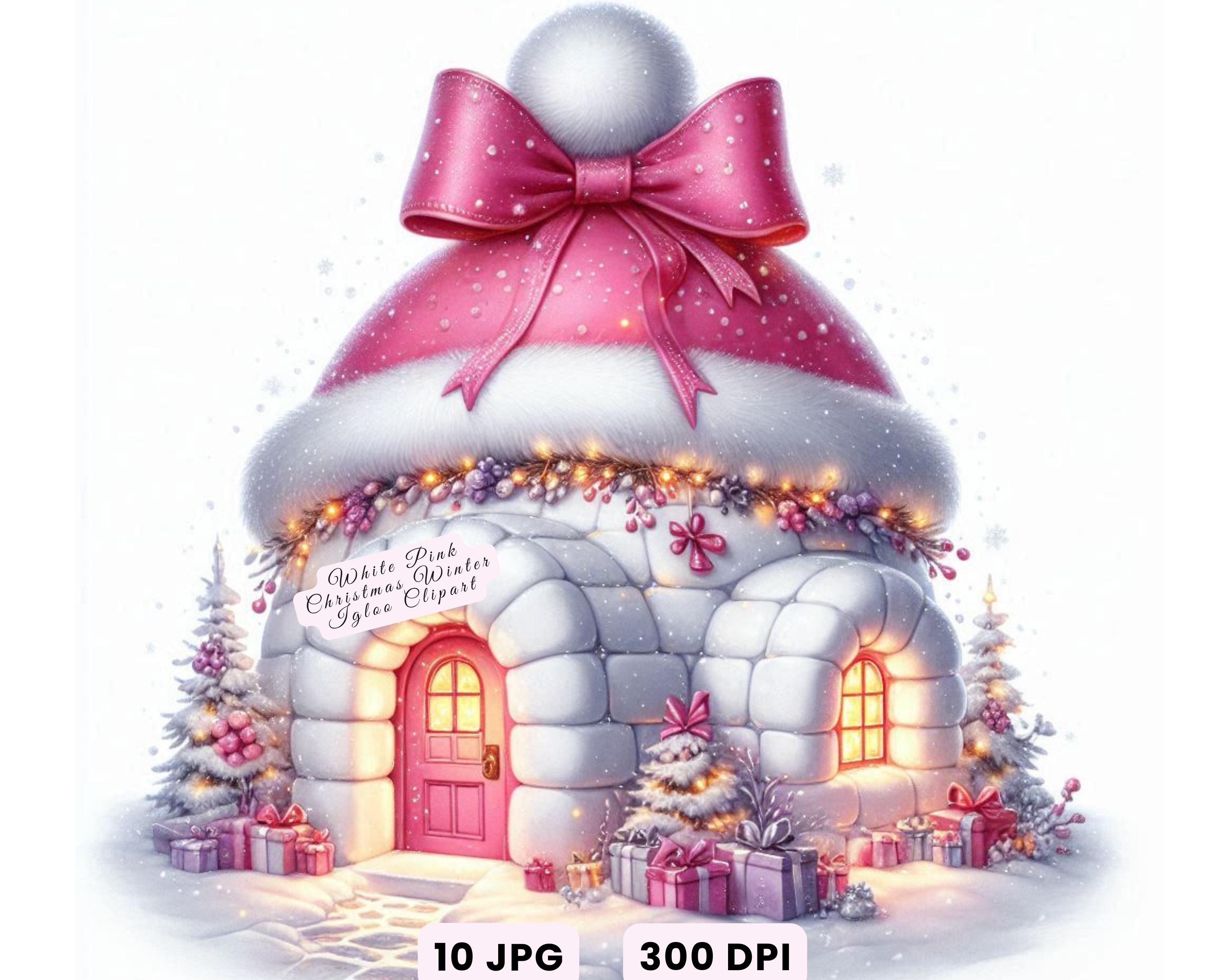 Igloo Clipart, Winter Igloo Houses Clipart, White Pink Christmas Winter ...