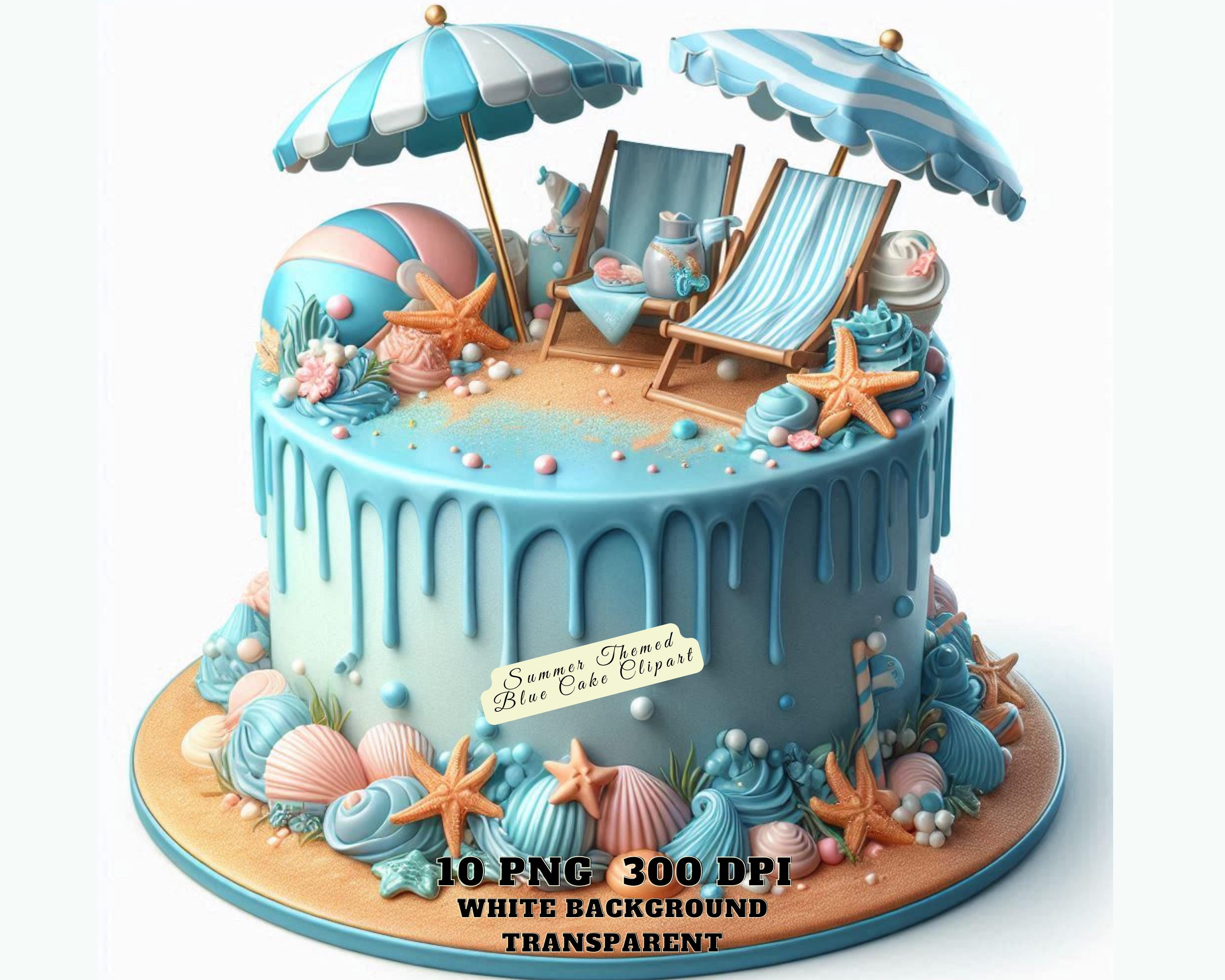 Summer Themed Blue Cake Clipart PNG, Ocean-inspired Cake Clipart, Beach ...