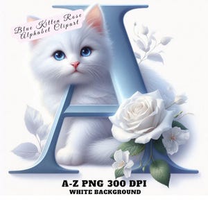 Kitten Alphabet Clipart, Blue Kitten Rose Alphabet Clipart, Cat & Rose ...