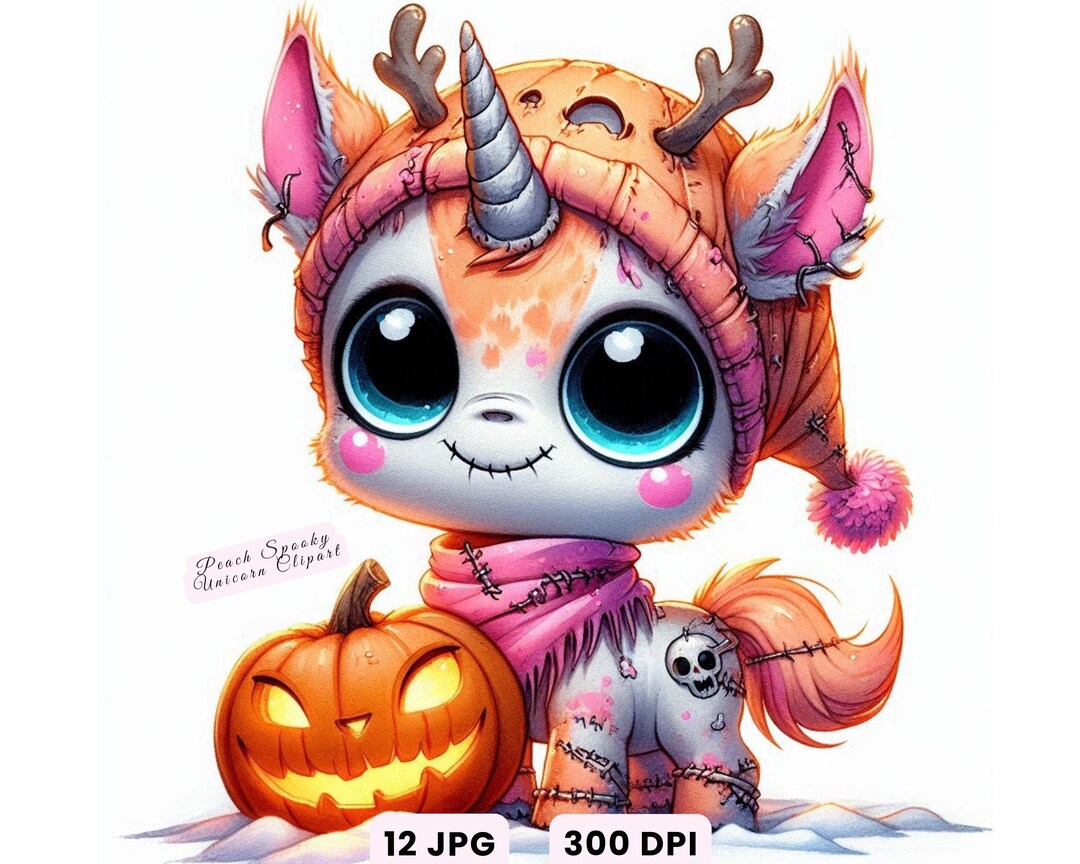 Spooky Neon Peach Unicorn Clipart: Halloween Jack-o'-lantern (digital ...