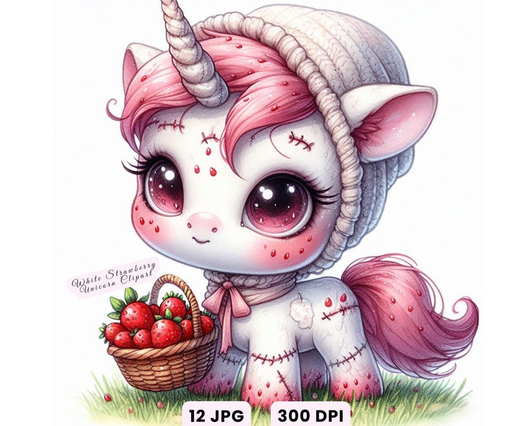 Cute Unicorn Clipart, 12 Cute White Strawberry Unicorn JPG, All-season ...