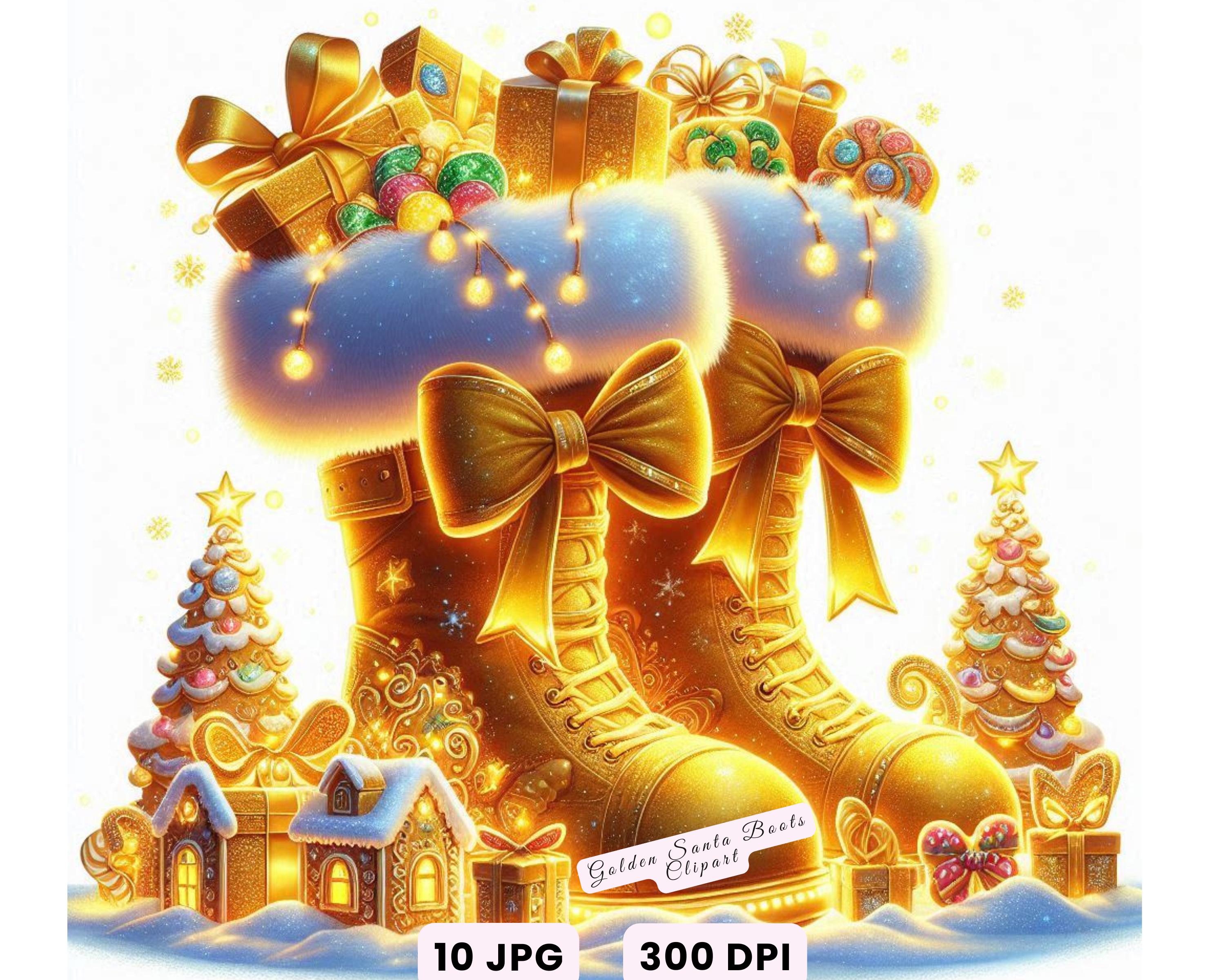 10 Golden Santa Boots Clipart, Christmas Watercolor, Glimmering Gold ...