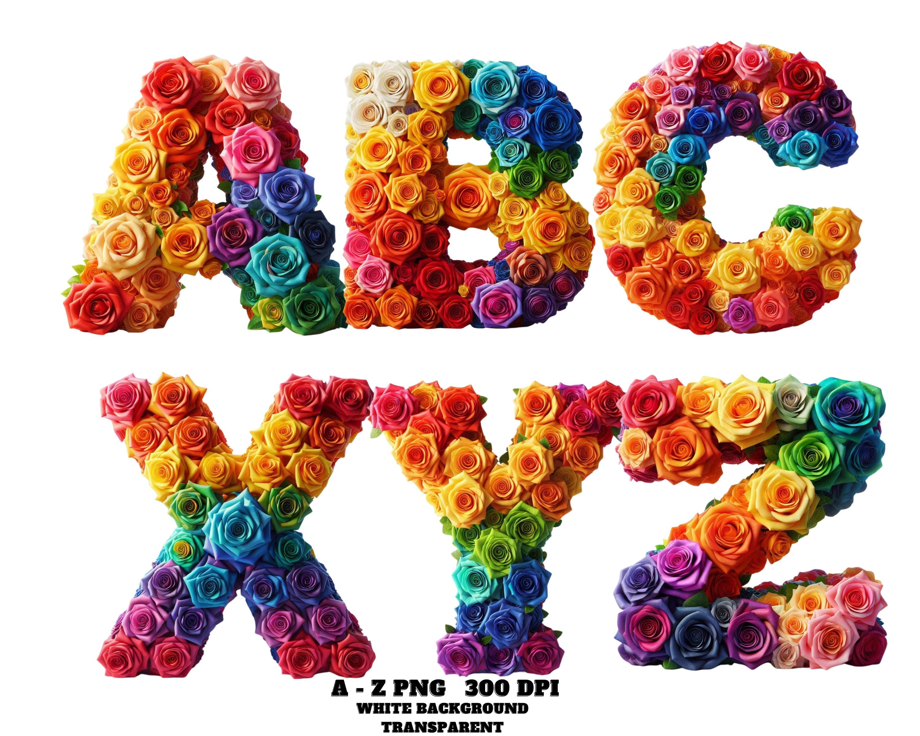 Floral Alphabet Clipart, Rainbow Rose Alphabet Clipart, Watercolor ...