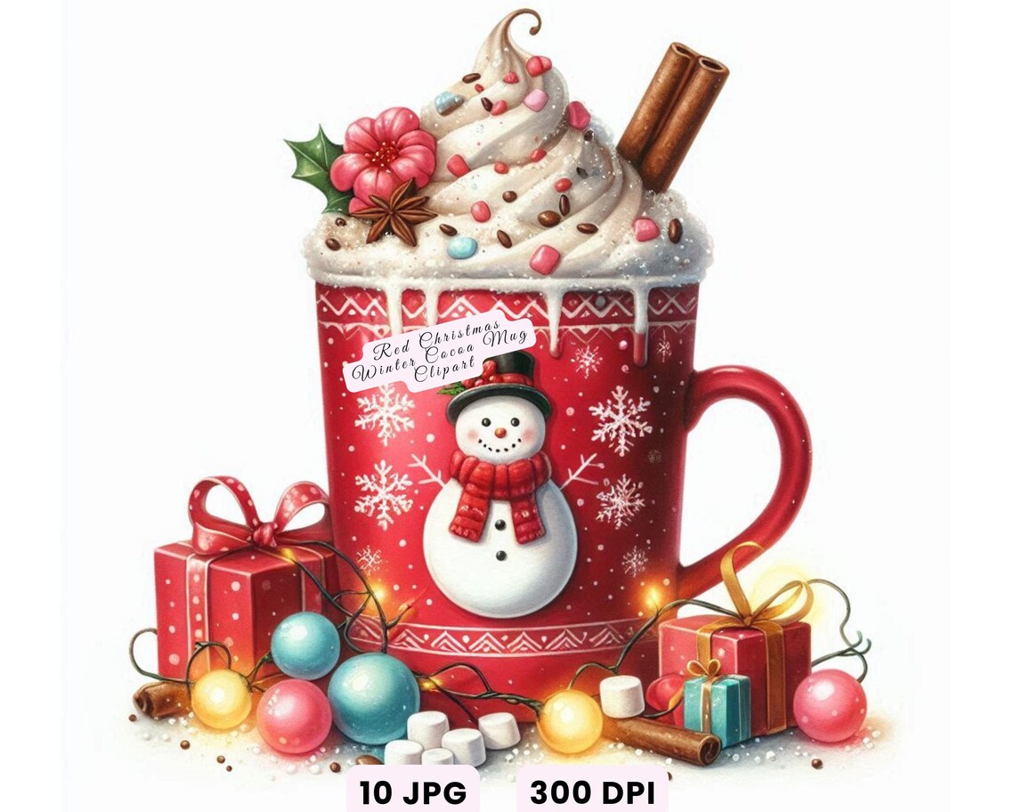 Holiday Clipart, 10 Christmas Red Hot Cocoa Mug, Festive Winter Drink ...