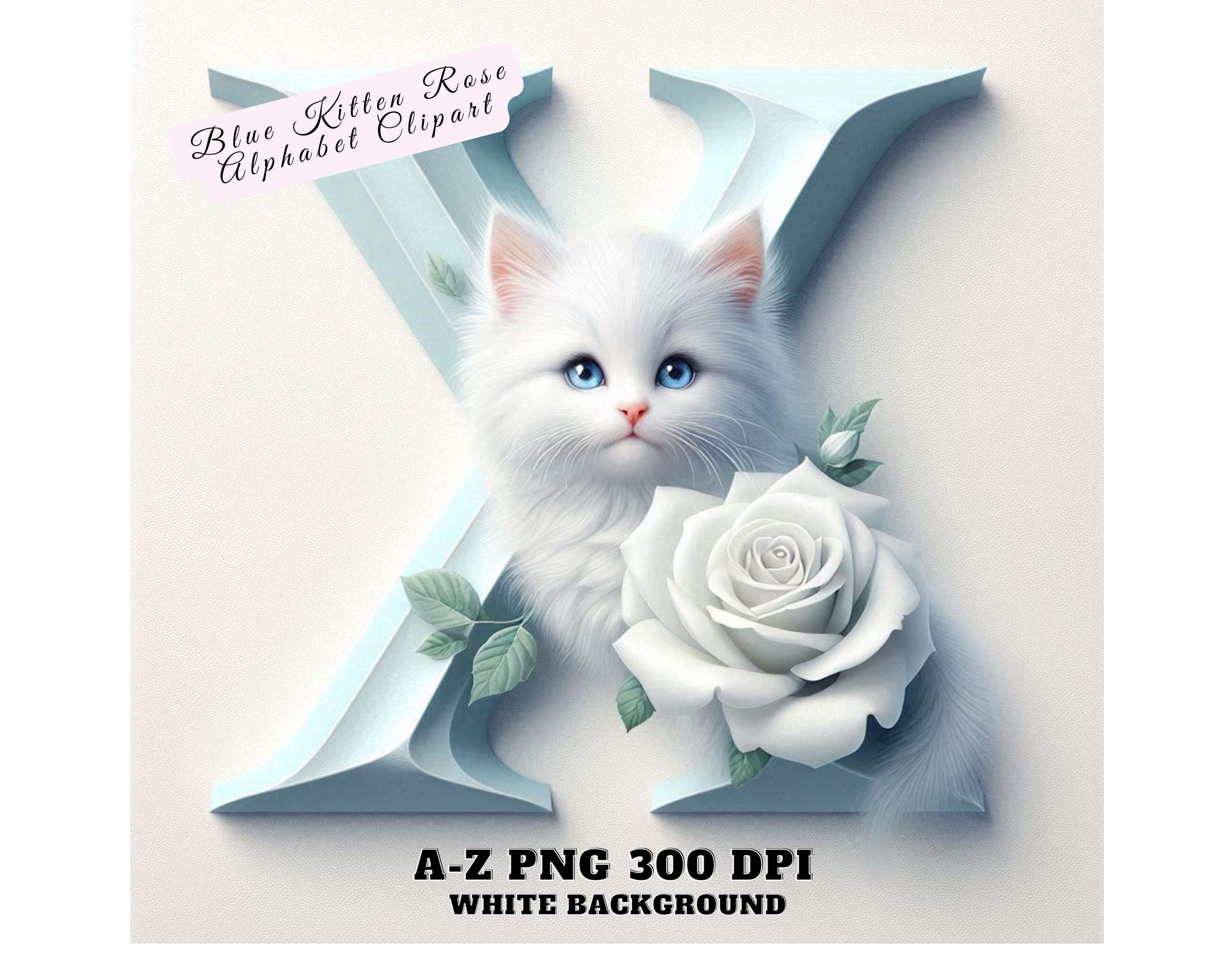 Kitten Alphabet Clipart, Blue Kitten Rose Alphabet Clipart, Cat & Rose ...