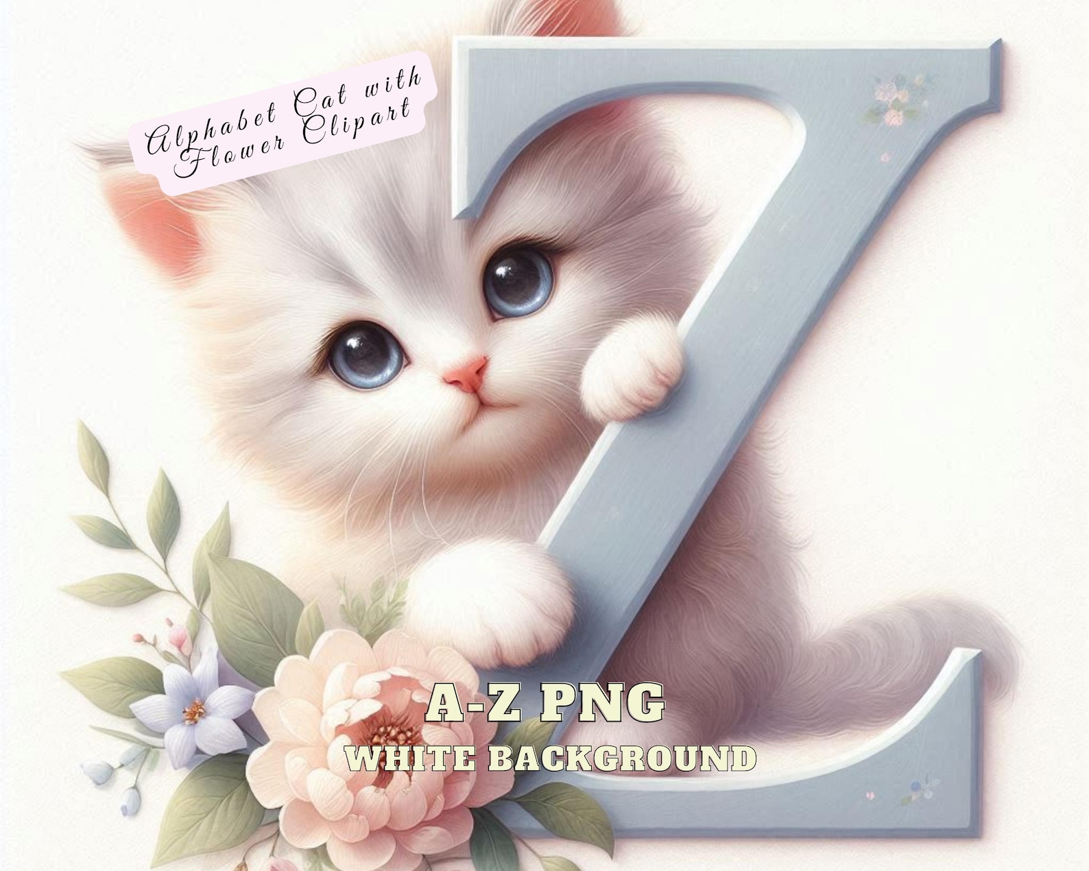 Adorable Cat Letter Alphabet Clipart, Watercolor Floral Kitten Alphabet ...