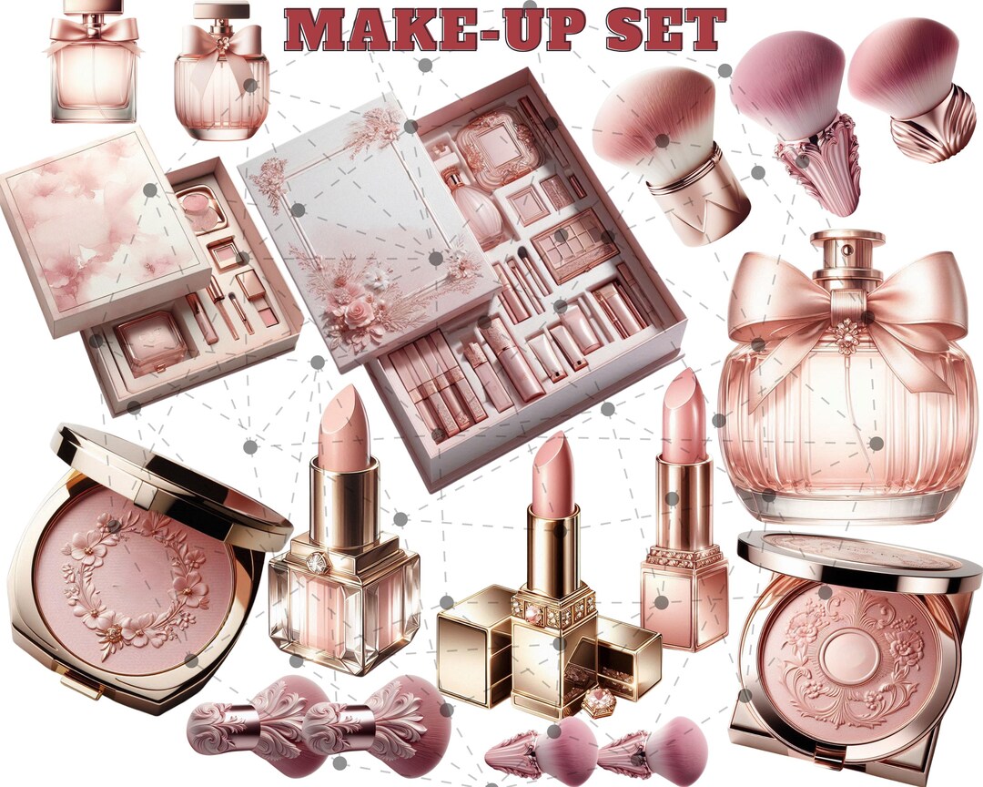 Watercolor Makeup Clipart, Elegant Pink Makeup Kit Set Clipart ...