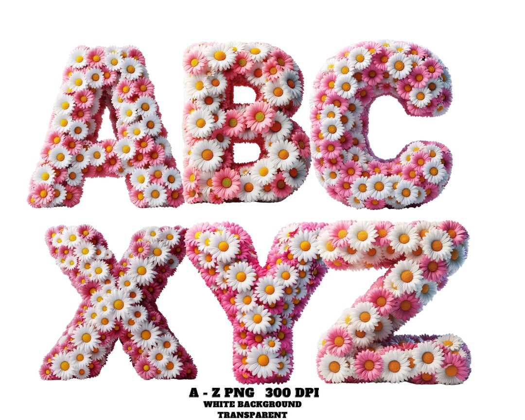 Floral Alphabets, Daisy Alphabet Clipart, Pink and White Daisy Alphabet ...