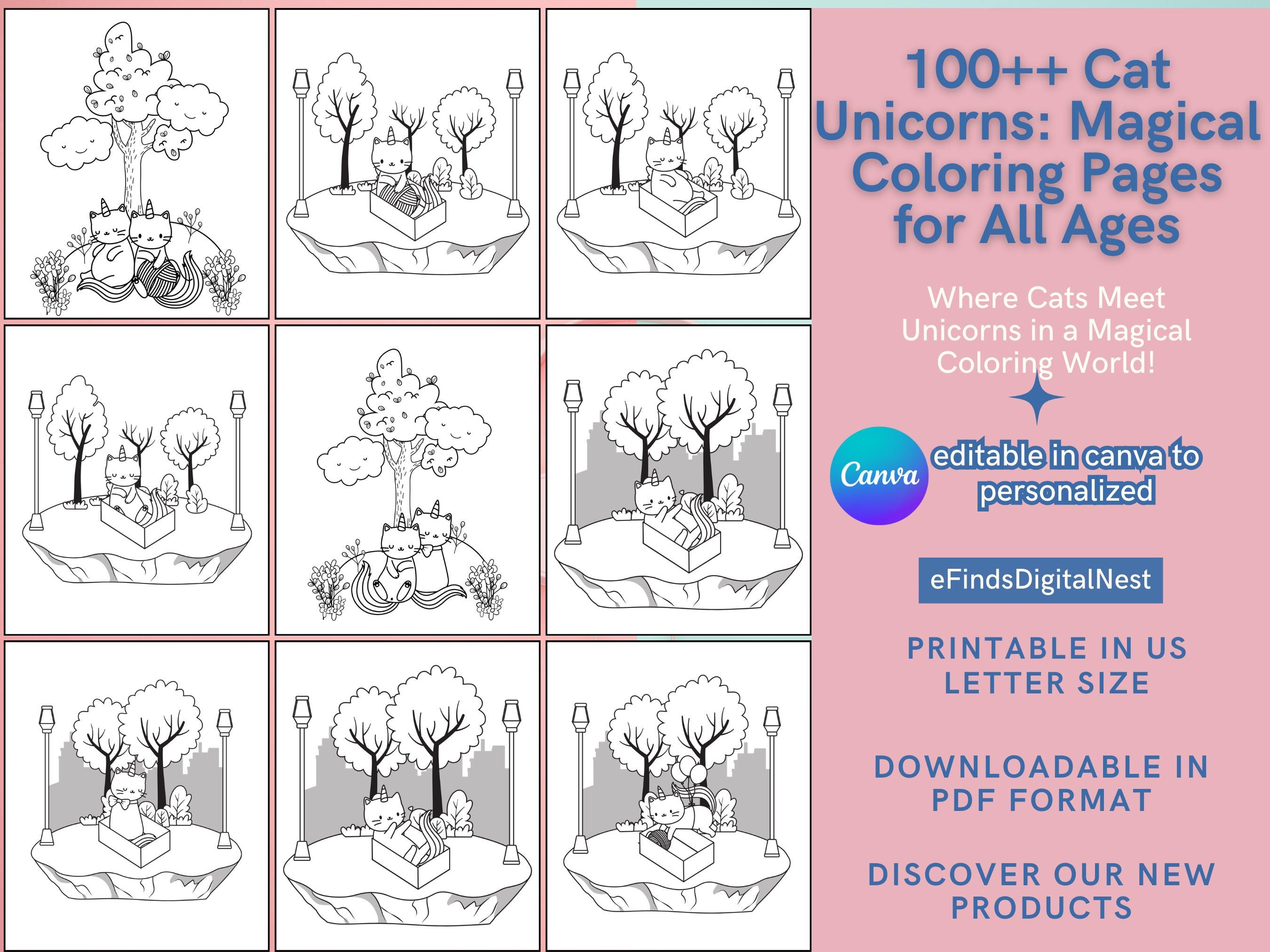 Unicorn Cat Coloring Pages for Kids, Kittycorn Coloring Book, Cute ...