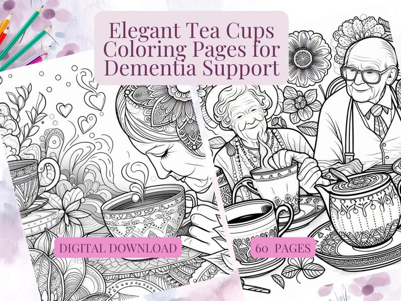 Elegant Tea Cups Coloring Pages for Dementia Support, Beautiful, Simple ...