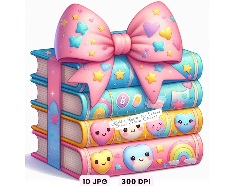 10 Book Clipart JPG, Kiddie Back-to-school Book Stack With Bow, Cute ...