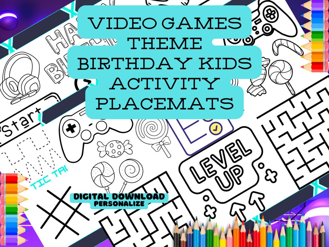 Video Game Birthday Coloring Placemat Party Games Children Activity ...