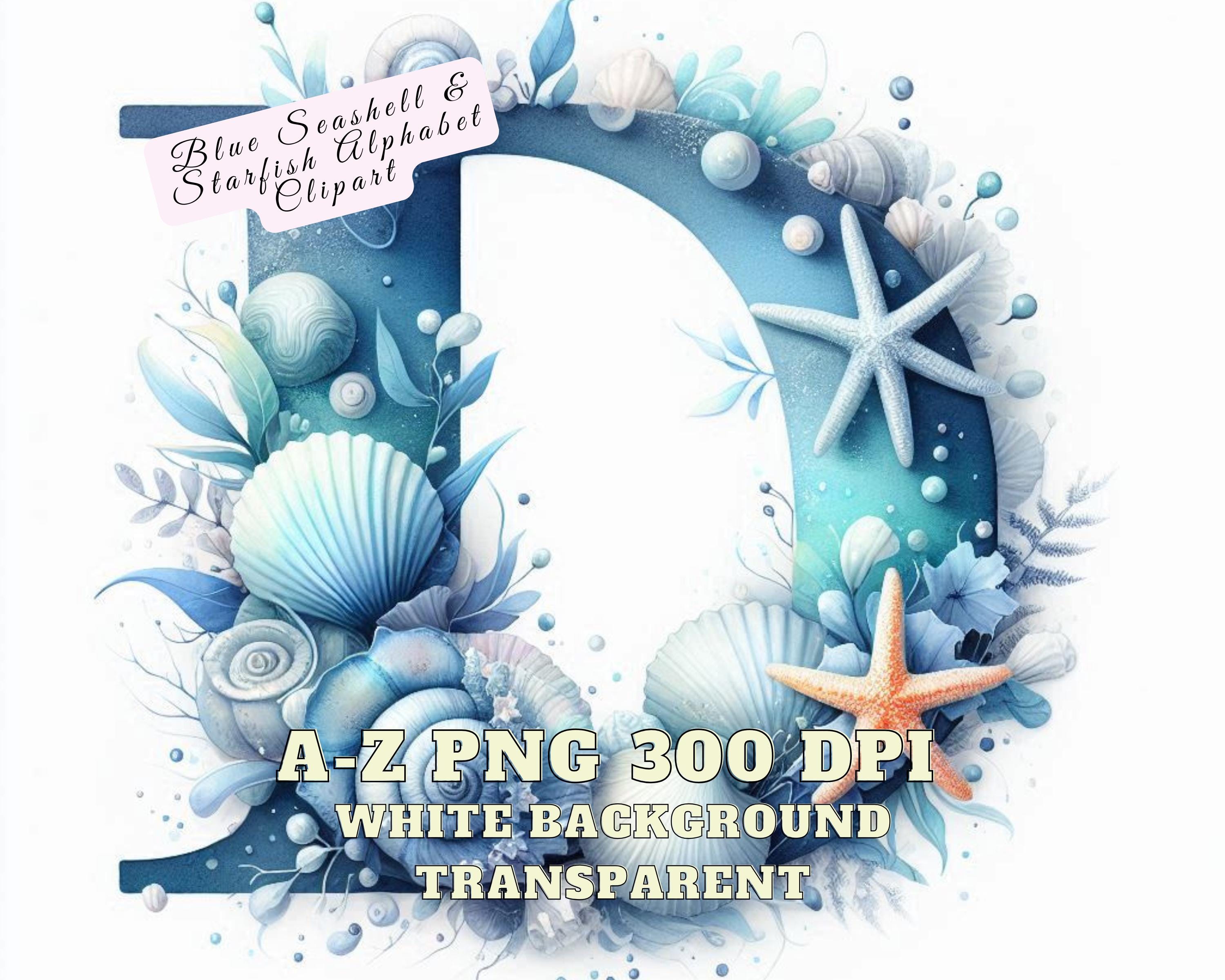 Seashell Alphabet Clipart, Blue Seashells & Starfish Alphabet Clipart ...