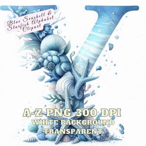 Seashell Alphabet Clipart, Blue Seashells & Starfish Alphabet Clipart ...