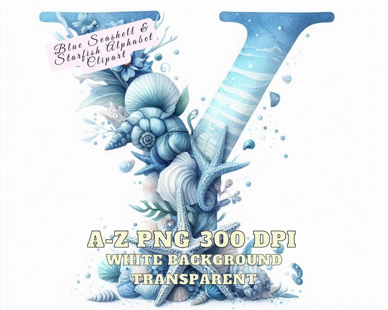 Seashell Alphabet Clipart, Blue Seashells & Starfish Alphabet Clipart ...
