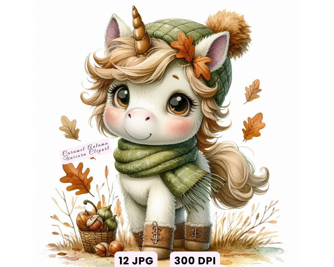 Autumn Unicorn Clipart, Cute Baby Unicorn Clipart, Watercolor Fall ...