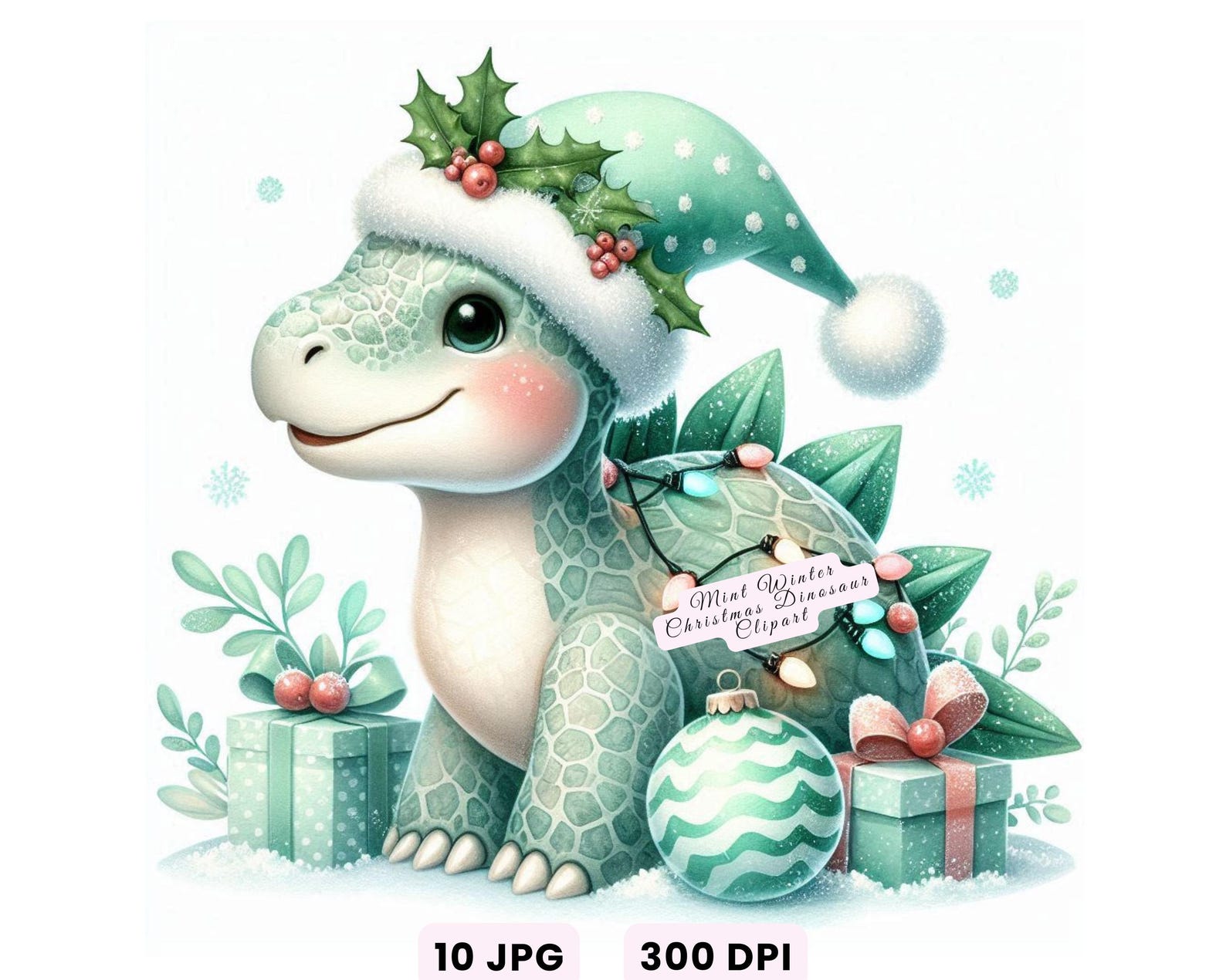 Dinosaur Christmas Clipart, Mint Winter Animal, Holiday Dinosaur JPG ...