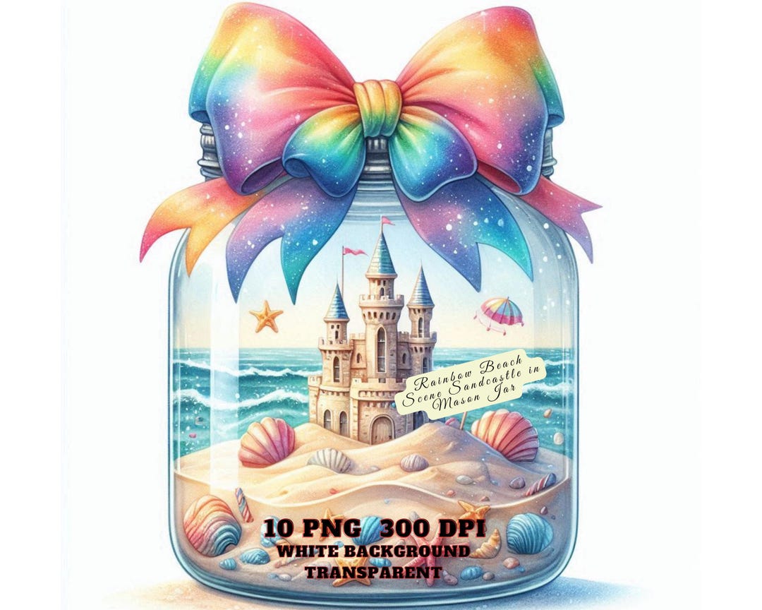 Sandcastle in Mason Jar Clipart: Rainbow Beach Scene (PNG Files ...