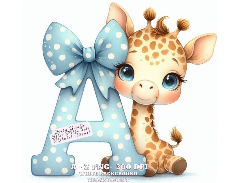 Animal Alphabet PNG, Baby Giraffe Blue Polka Dot Alphabet Clipart A-Z ...