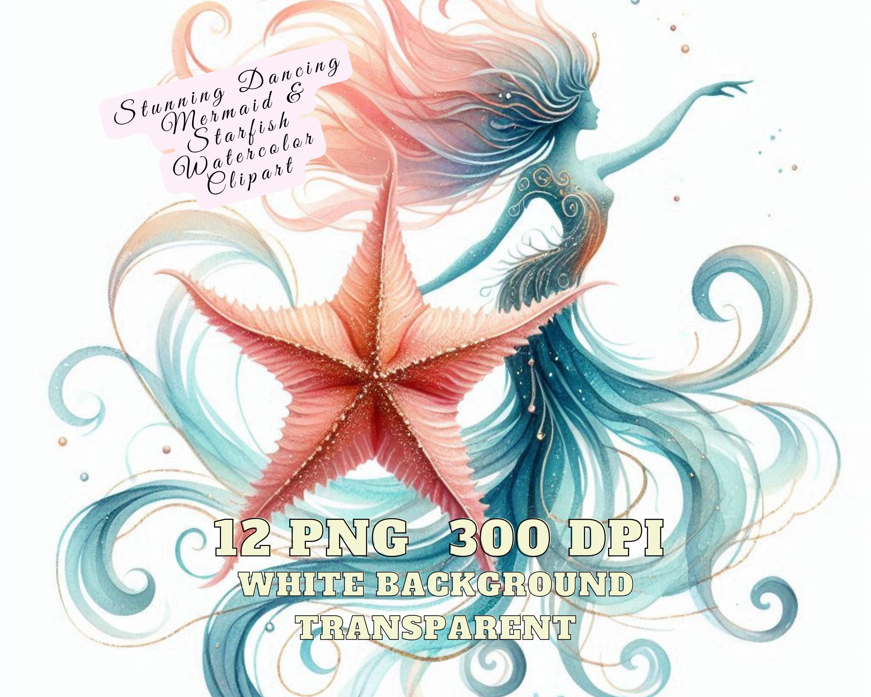 12 Mermaid Clipart, Stunning Dancing Mermaid & Starfish Watercolor ...