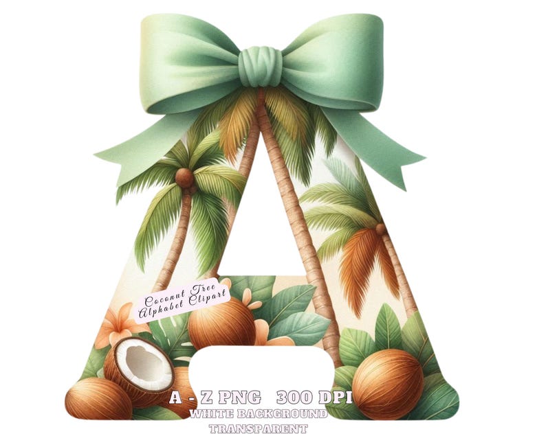 Tropical Coconut Alphabet Clipart, Coconut Tree Alphabet PNG, Fruity ...