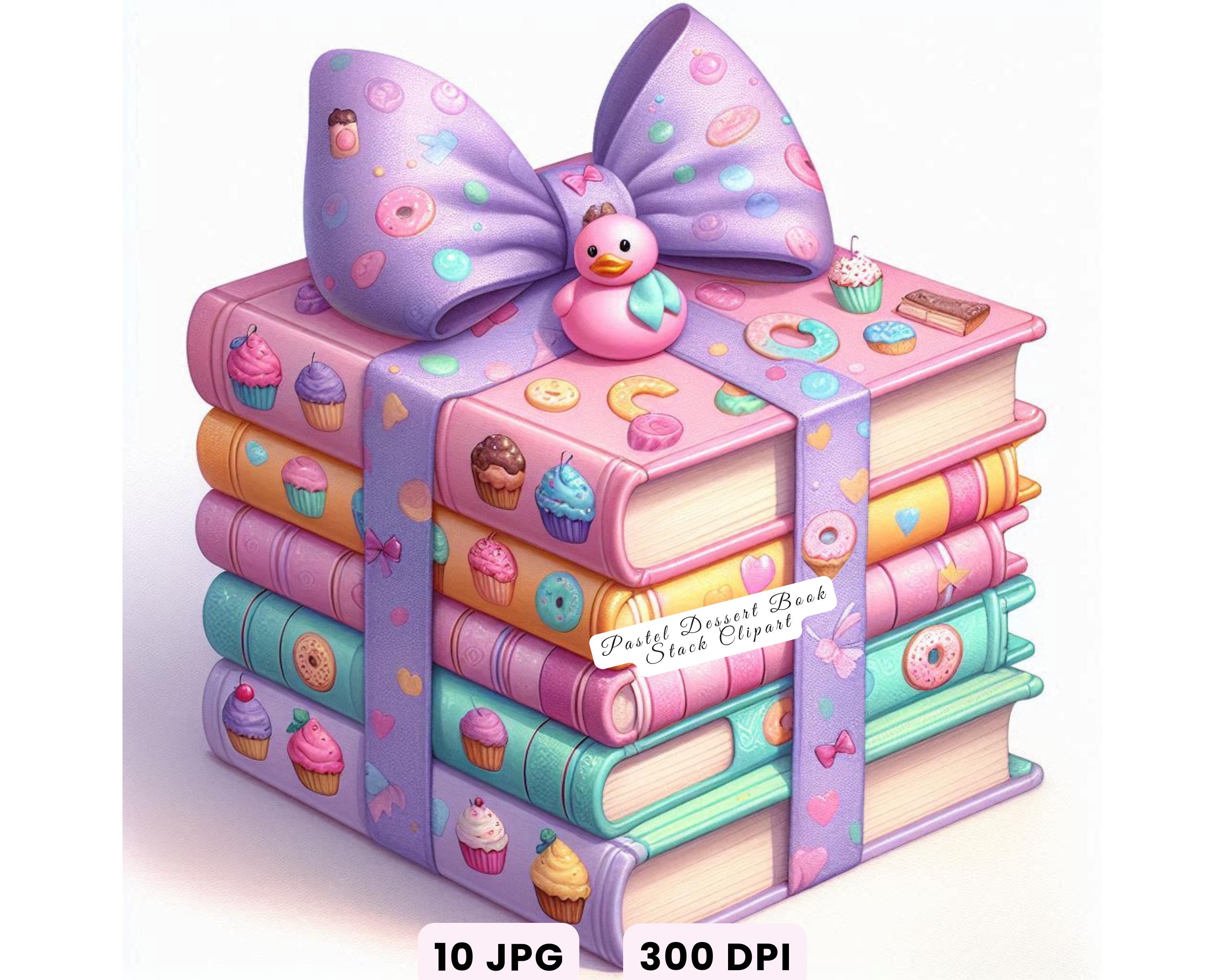 10 Book Stack With Bow Clipart JPG, Pastel Dessert Book Stack PNG Cute ...