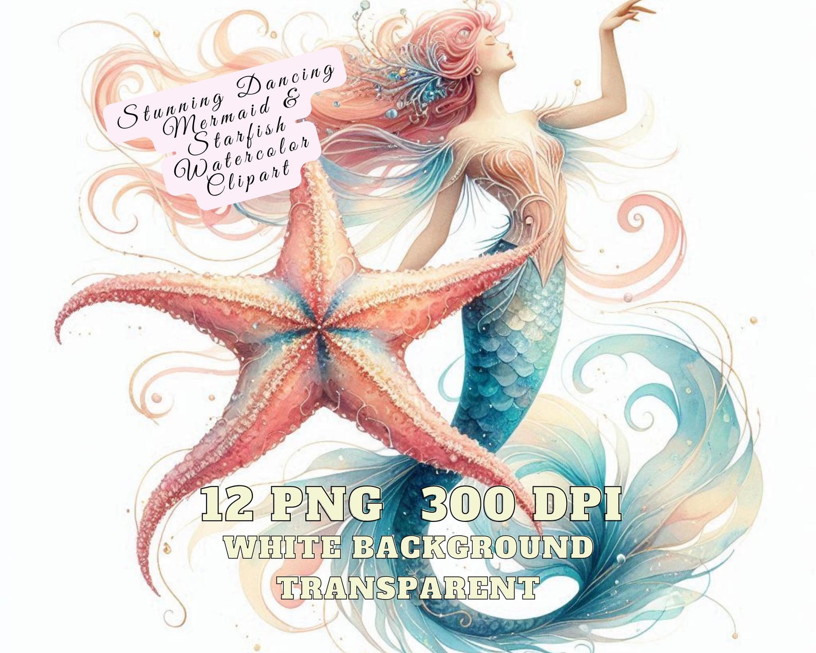 12 Mermaid Clipart, Stunning Dancing Mermaid & Starfish Watercolor ...