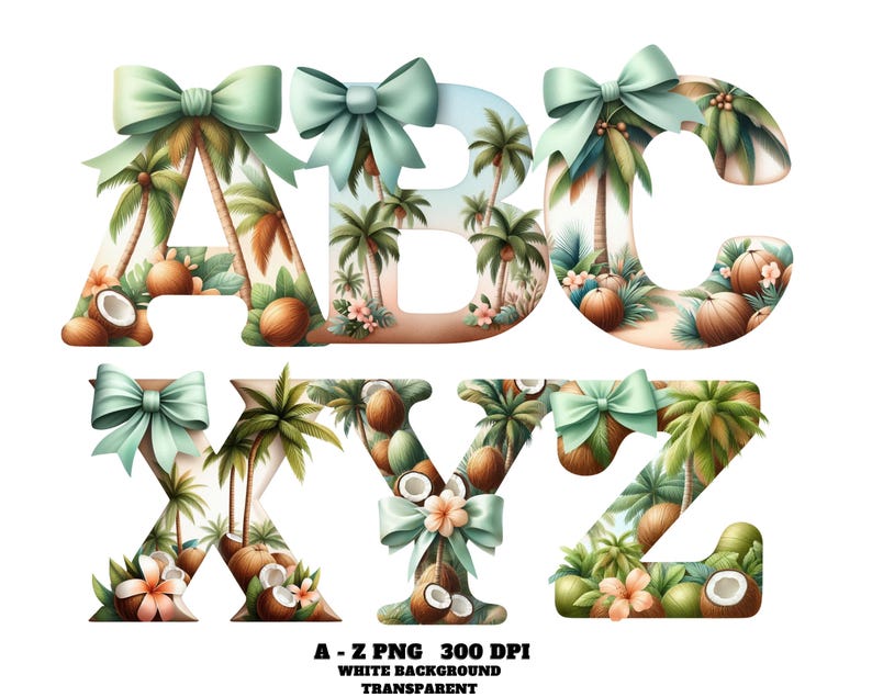 Tropical Coconut Alphabet Clipart, Coconut Tree Alphabet PNG, Fruity ...