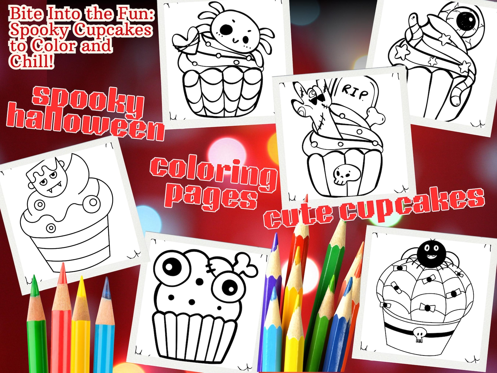 Spooky Halloween Cupcakes Coloring Pages, Creepy Cute Cupcake Coloring ...