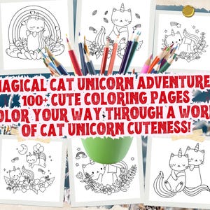 Unicorn Cat Coloring Pages for Kids, Kittycorn Coloring Book, Cute ...