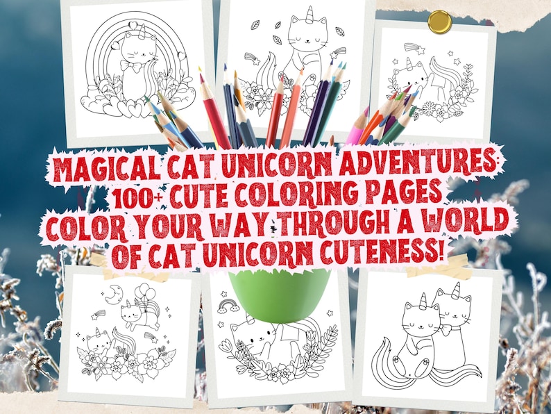 Unicorn Cat Coloring Pages for Kids, Kittycorn Coloring Book, Cute ...