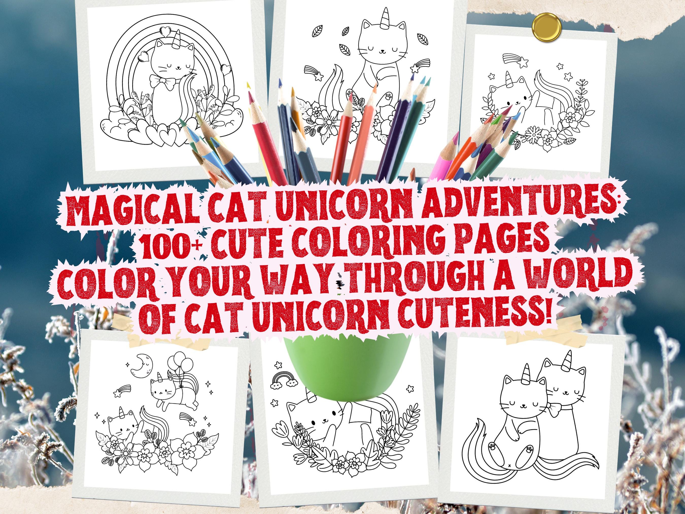 Unicorn Cat Coloring Pages for Kids, Kittycorn Coloring Book, Cute ...