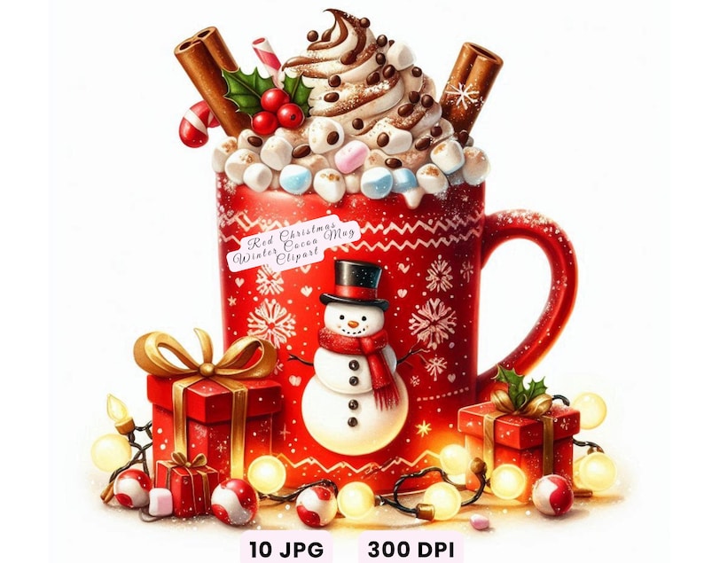 Holiday Clipart, 10 Christmas Red Hot Cocoa Mug, Festive Winter Drink ...