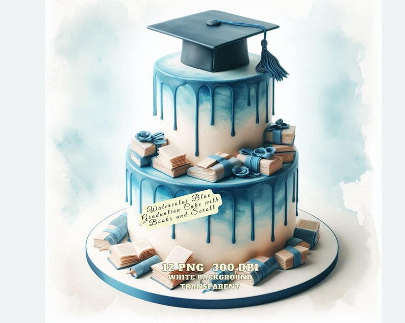 Watercolor Blue Graduation Cake With Books and Scroll Clipart PNG ...