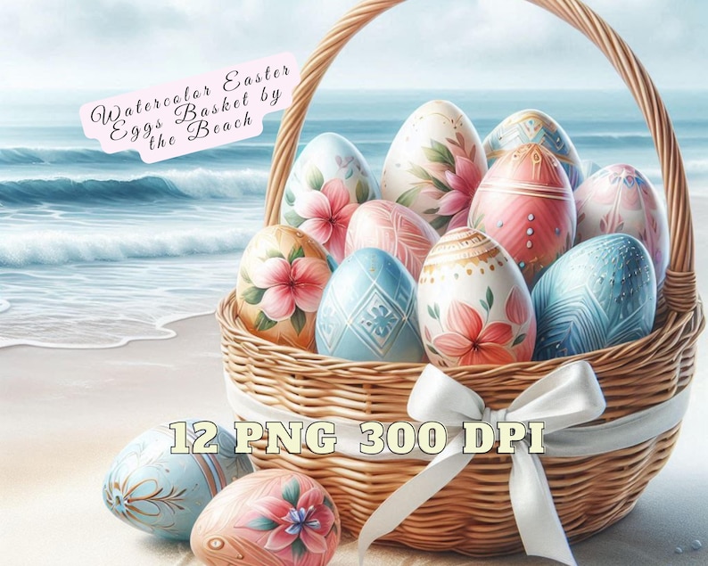 Watercolor Easter Eggs Basket by the Beach Clipart, 12 Nautical Easter ...
