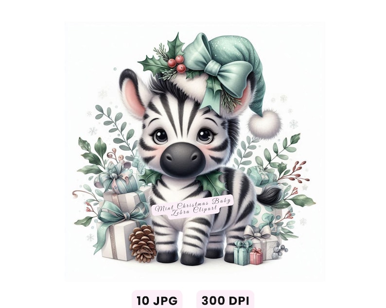 Baby Zebra Christmas Clipart PNG, 10 Cute Safari Animals in Santa Hats ...