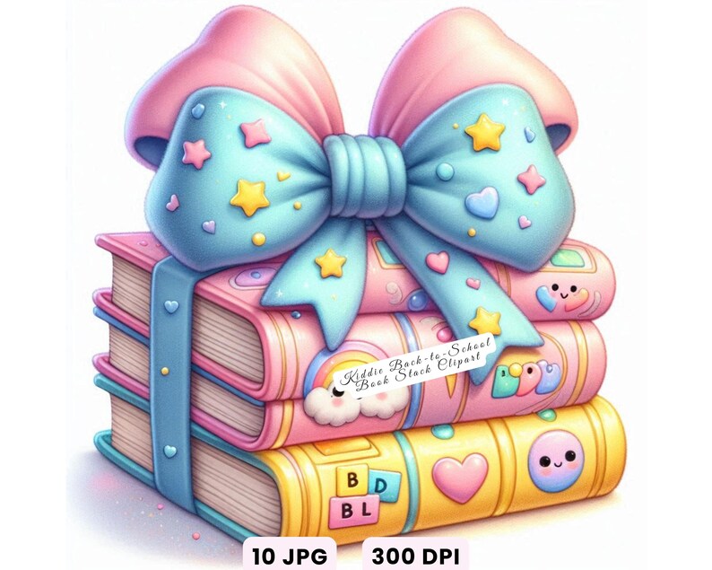 10 Book Clipart JPG, Kiddie Back-to-school Book Stack With Bow, Cute ...