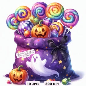 Rainbow Halloween Tote Bag Clipart: Watercolor Candy Lollipops (JPG ...