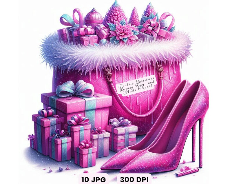 Winter Christmas Clipart, 10 Fuchsia Christmas Bag & Heels Clipart ...
