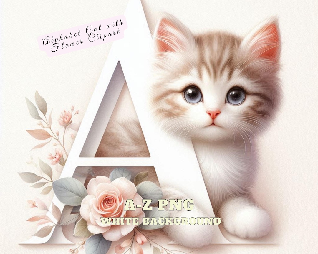 Adorable Cat Letter Alphabet Clipart, Watercolor Floral Kitten Alphabet ...