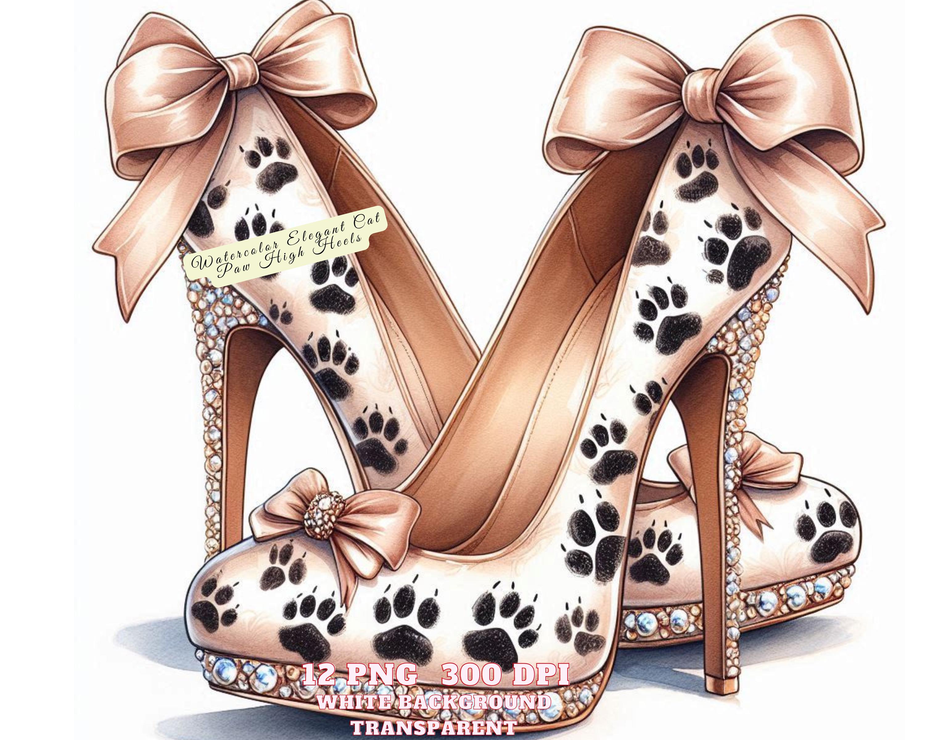Watercolor Elegant Cat Paw High Heels Clipart, Stylish Heels With Cat ...