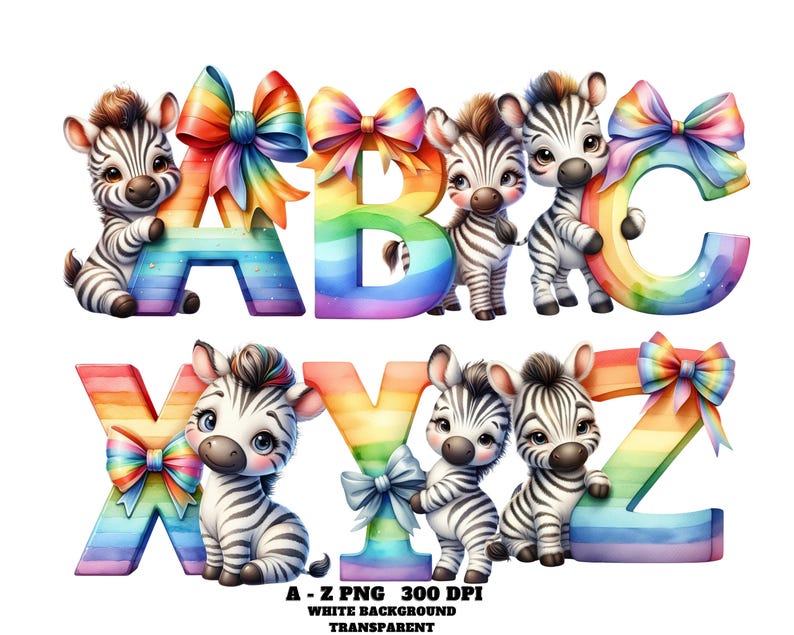 Cute Animal Alphabet Clipart, Rainbow Safari ABC Letters, Zebra Nursery ...