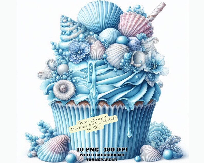 Summer Cupcake Clipart, Blue Summer Cupcake With Seashell PNG, Ocean ...